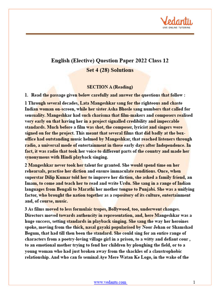 English (Elective) Question Paper 2022 Class 12 With Solutions FREE PDF ...