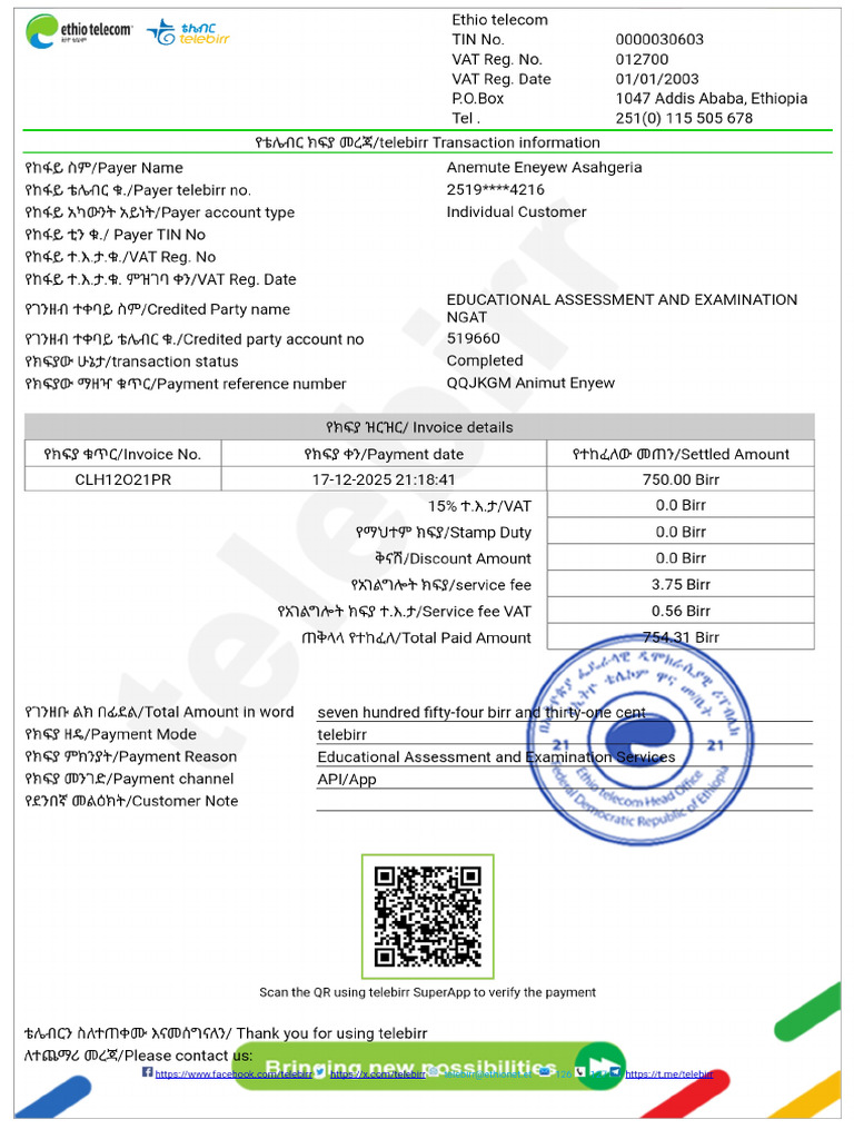 Telebirr - Educational Assessment and Examination Services | PDF