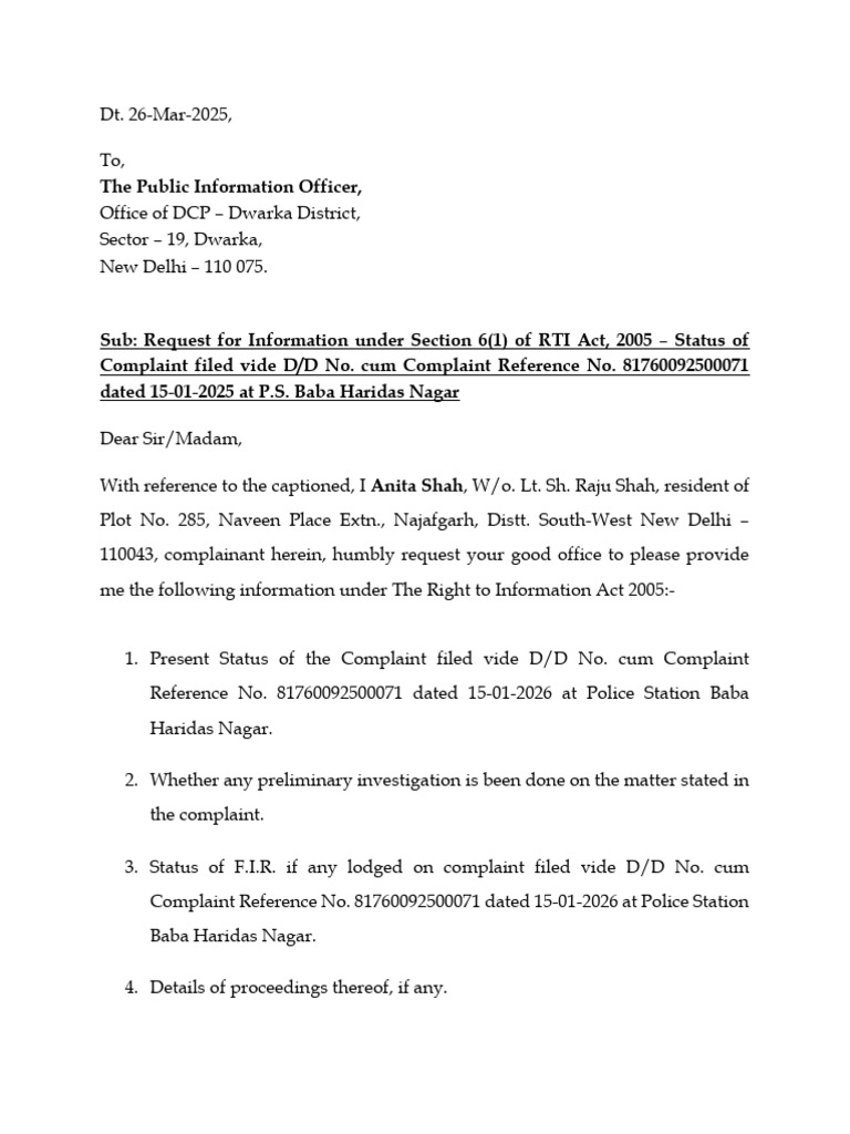 RTI Request for Complaint Status Update | PDF