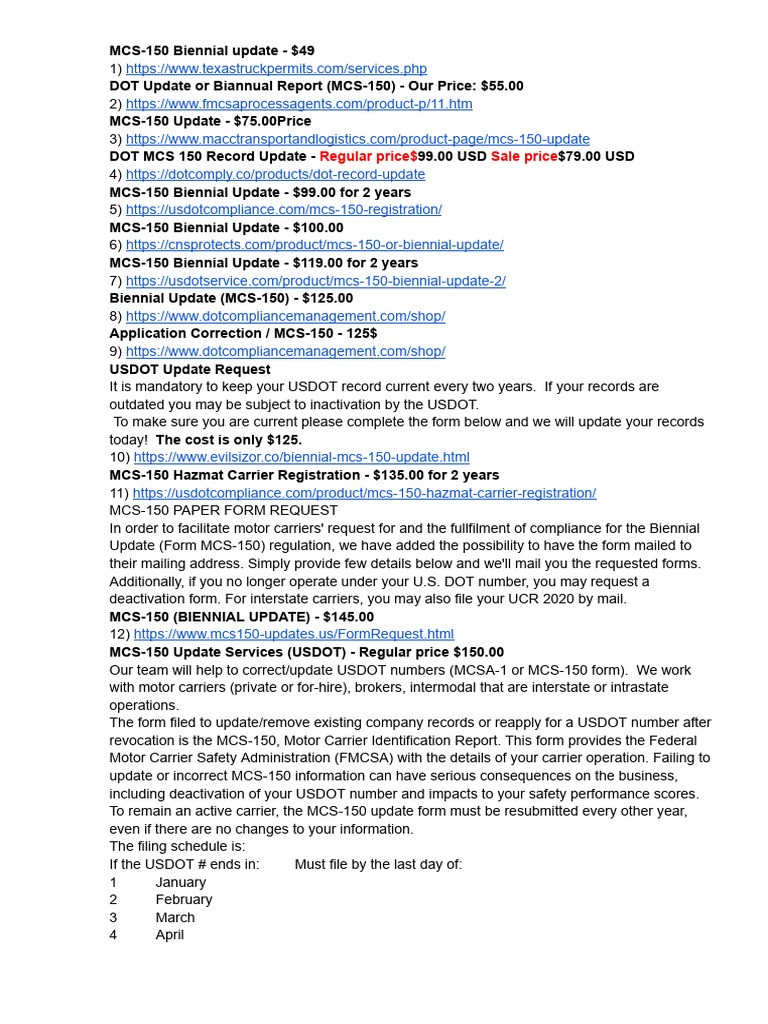Price of Biennial Update MCS-150 | PDF | Transport