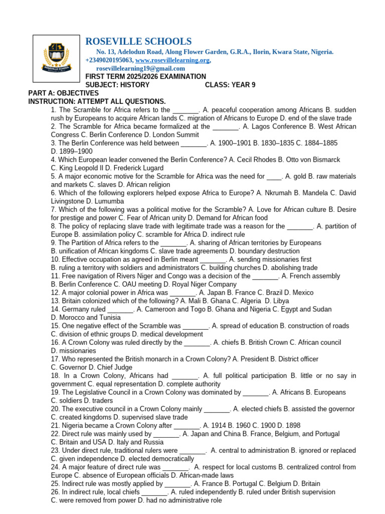 Year 9 History Exam: Scramble for Africa | PDF | Africa