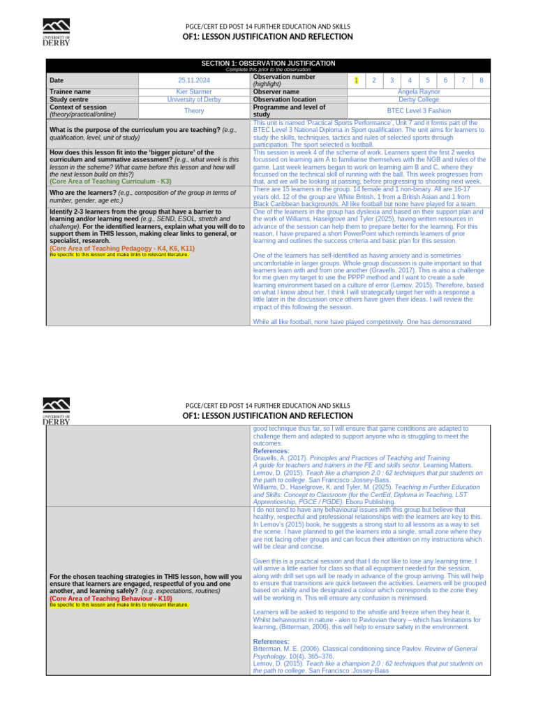 EXEMPLAR OF1 - Justification and Reflection Form | PDF | Learning | Thought