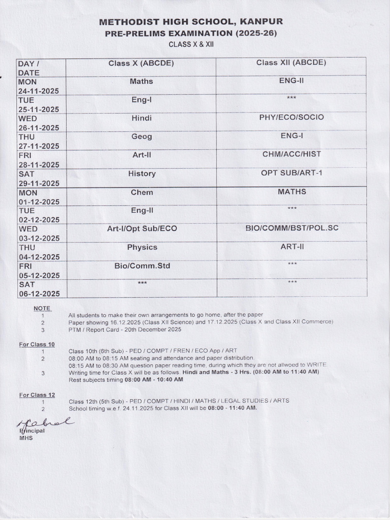 Pre-Prelims Time Table Class 10 and 10 Session 2025 - 2026 | PDF