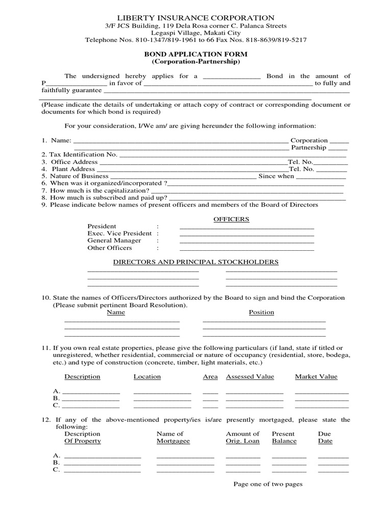 BOND APPLICATION FORM CORPORATION | PDF | Identity Document | Business Law