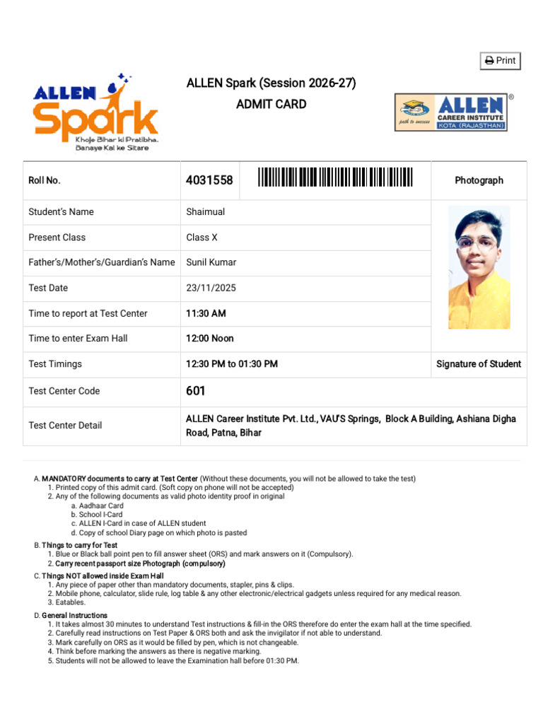 ALLEN Class X Admit Card 2025 | PDF