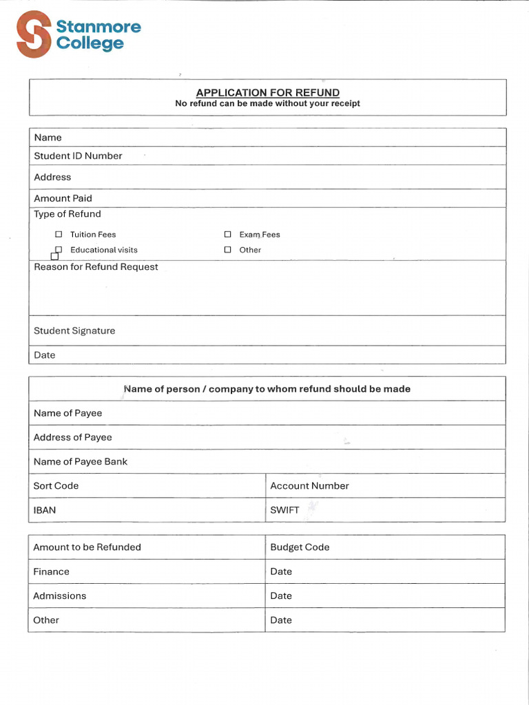 Application For Refund - Stanmore College | PDF
