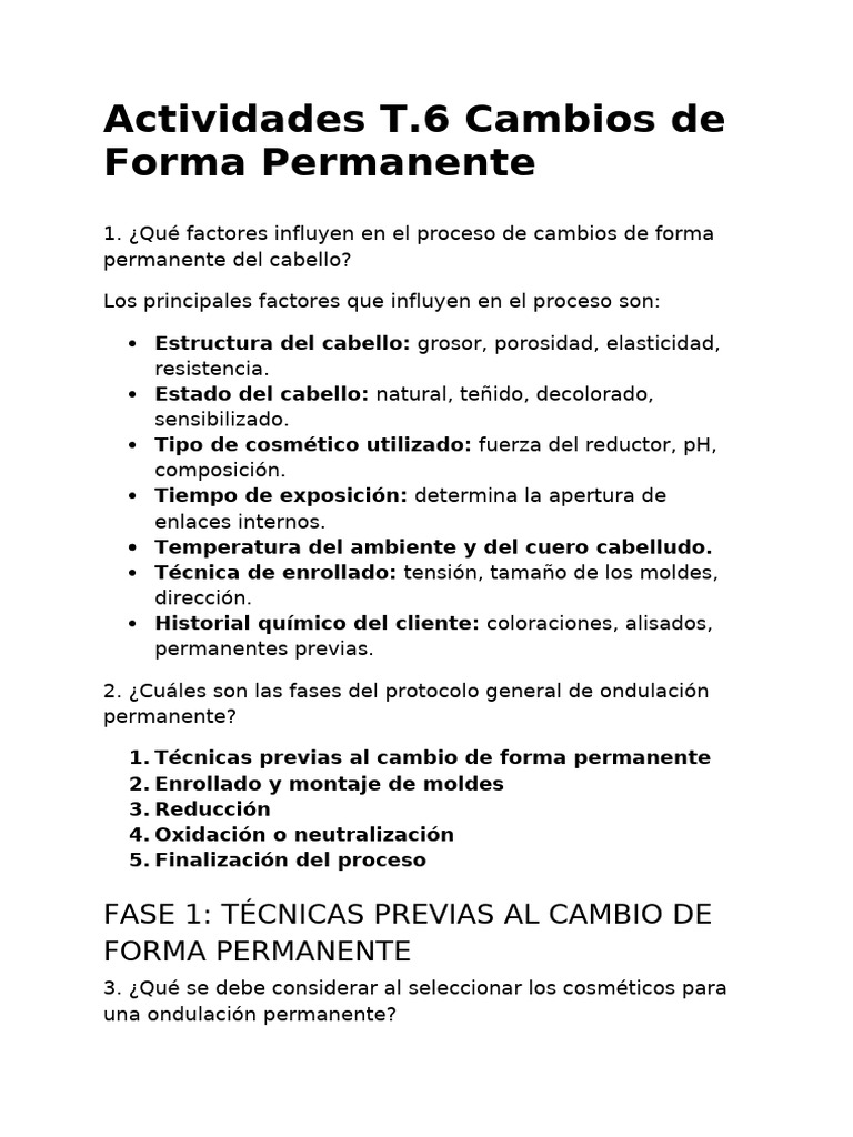 Actividades T.6 Cambios de Forma Permanente | PDF | Pelo | Redox