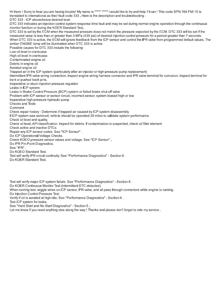 Fault Code 333 SPN 164 FMI10 | PDF