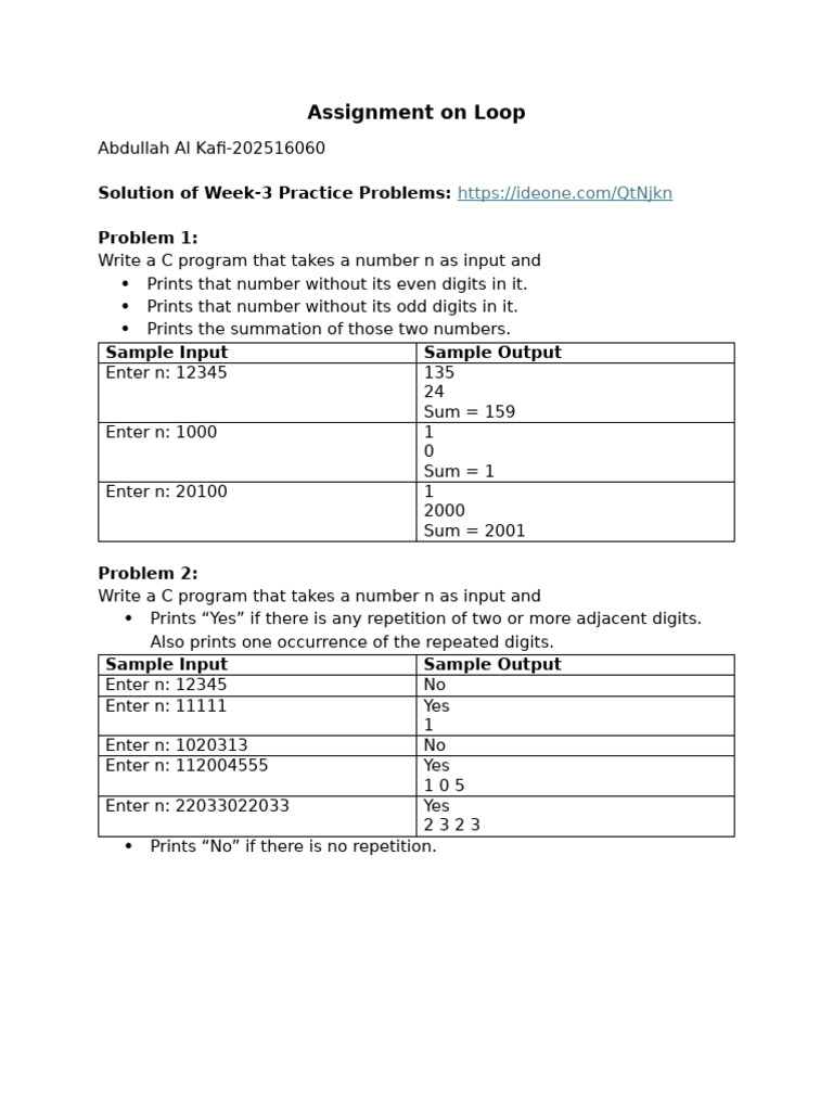 Assignment On Loop: Solution of Week-3 Practice Problems: Problem 1 | PDF