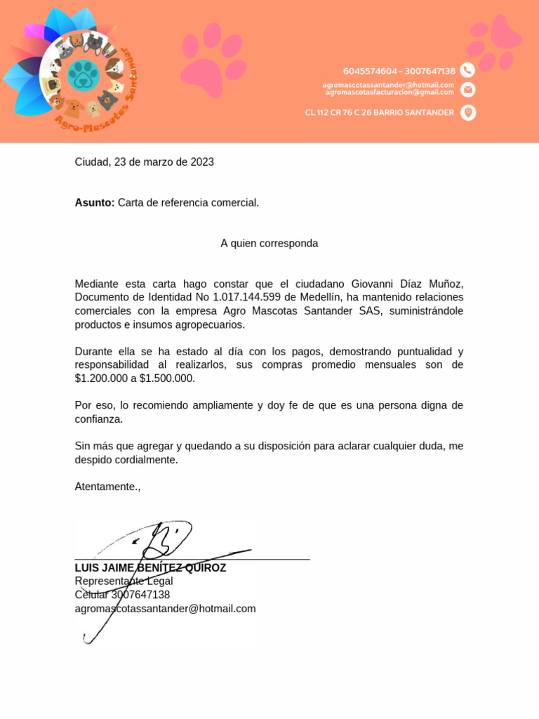 Carta de referencia comercial para Giovanni Díaz | PDF