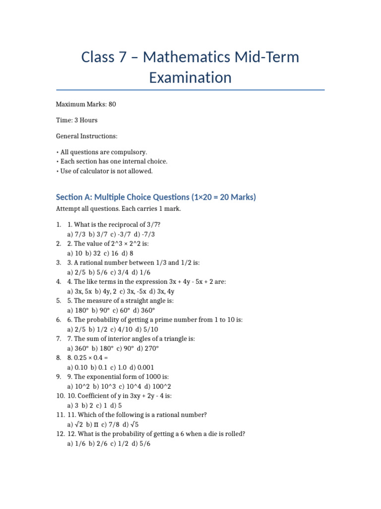 Class 7 Math Mid-Term Exam Paper | PDF | Triangle | Numbers