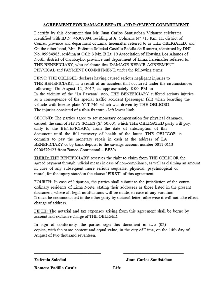 Damage Repair Agreement and Payment | PDF | Private Law | Justice