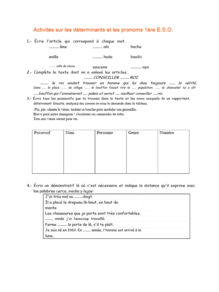 Activités Sur Les Déterminants Et Les Pronoms 1ère E | PDF | Pronom ...