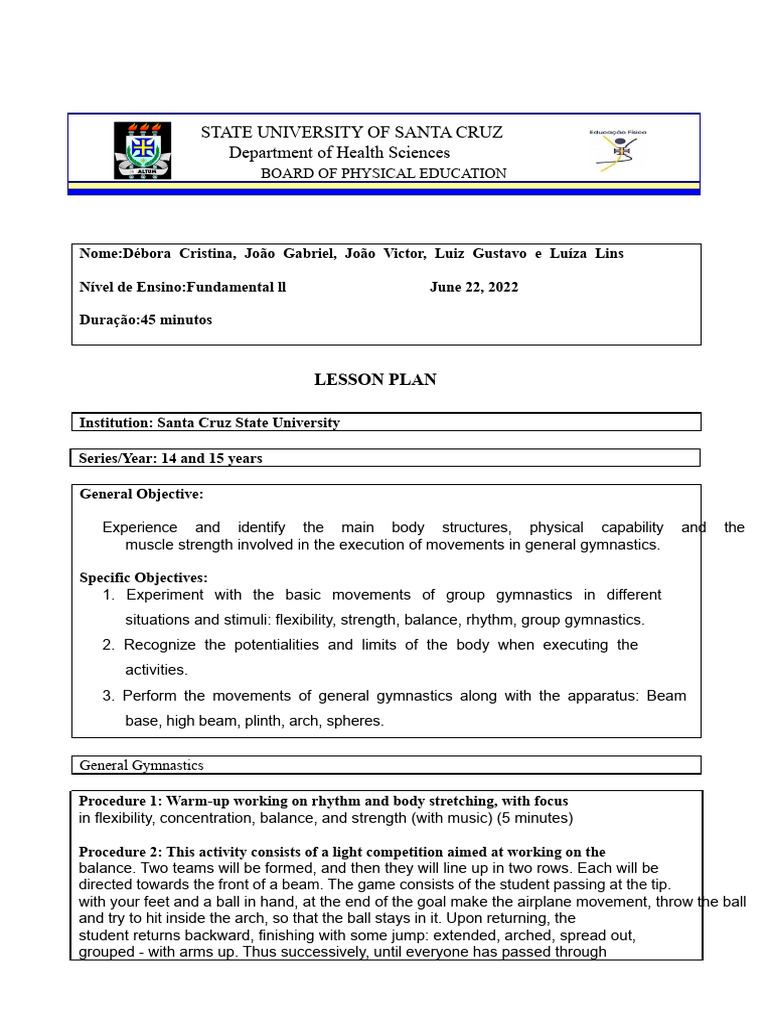 Lesson Plan - Artistic Gymnastics | PDF | Gymnastics