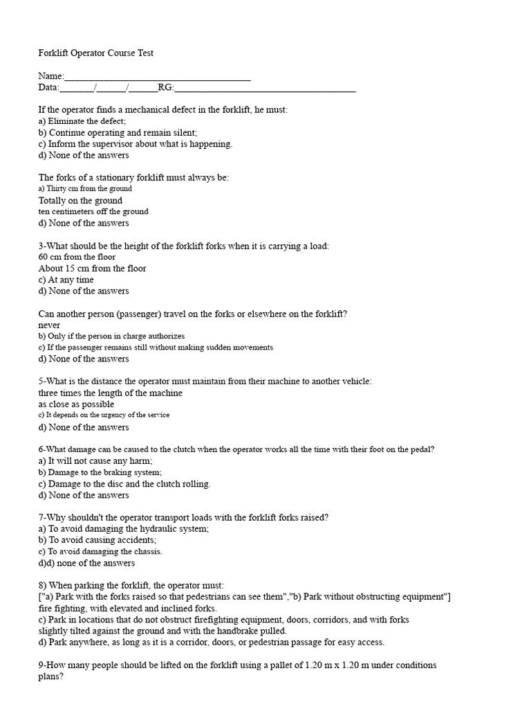 Forklift Operator Test Questions & Answers | PDF | Forklift | Motor Vehicle