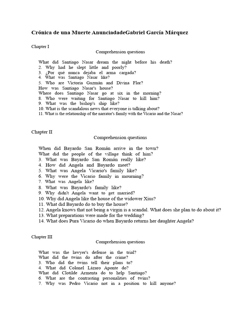 Questionnaire 2 Chronicle of A Death Foretold | PDF