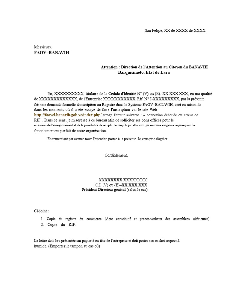 Demande d'inscription au FAOV–BANAVIH | PDF