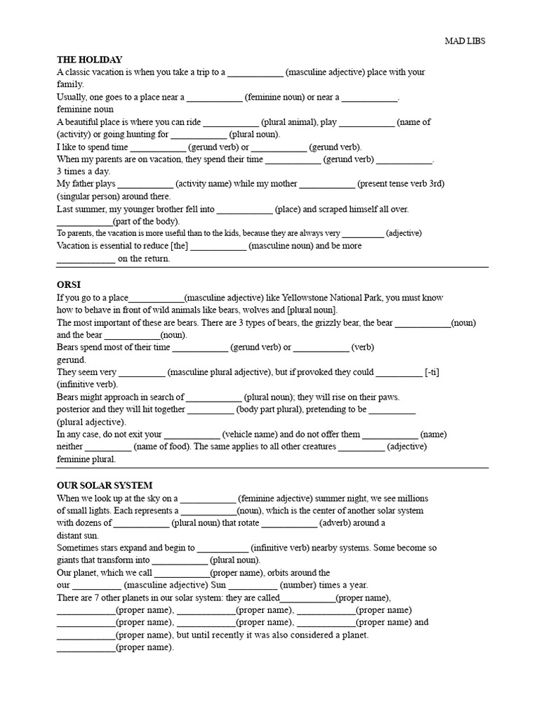 Creative Mad Libs for Fun Activities | PDF | Grammatical Gender | Verb