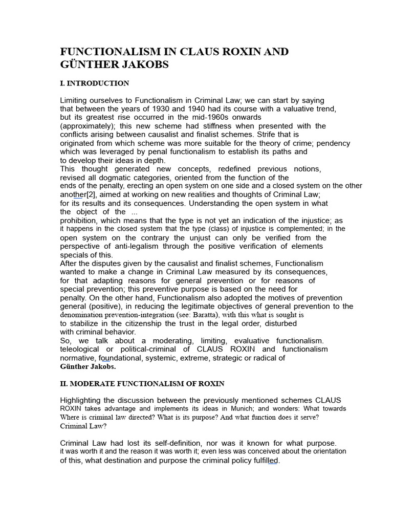 Functionalism in Claus Roxin and Günther Jakobs | PDF | Crimes | Crime ...