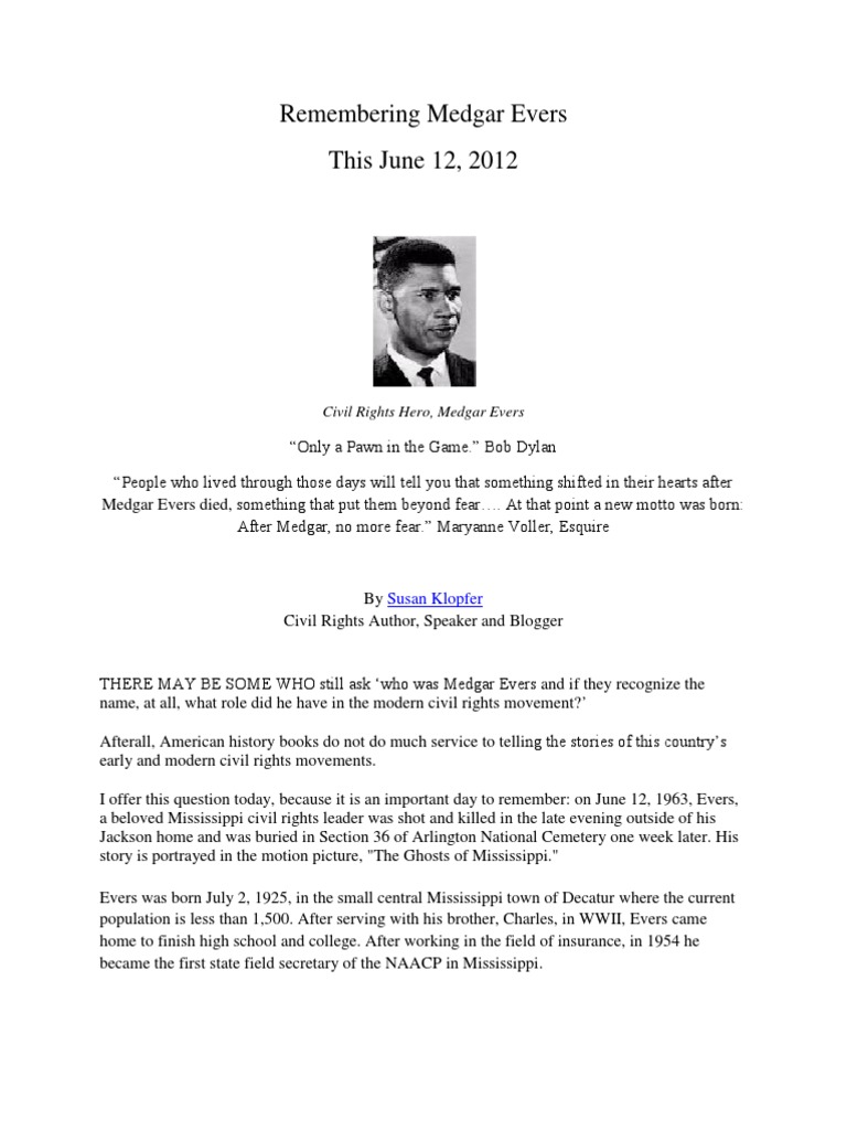 Medgar Evers: Civil Rights Icon | PDF | The United States | Politics Of ...