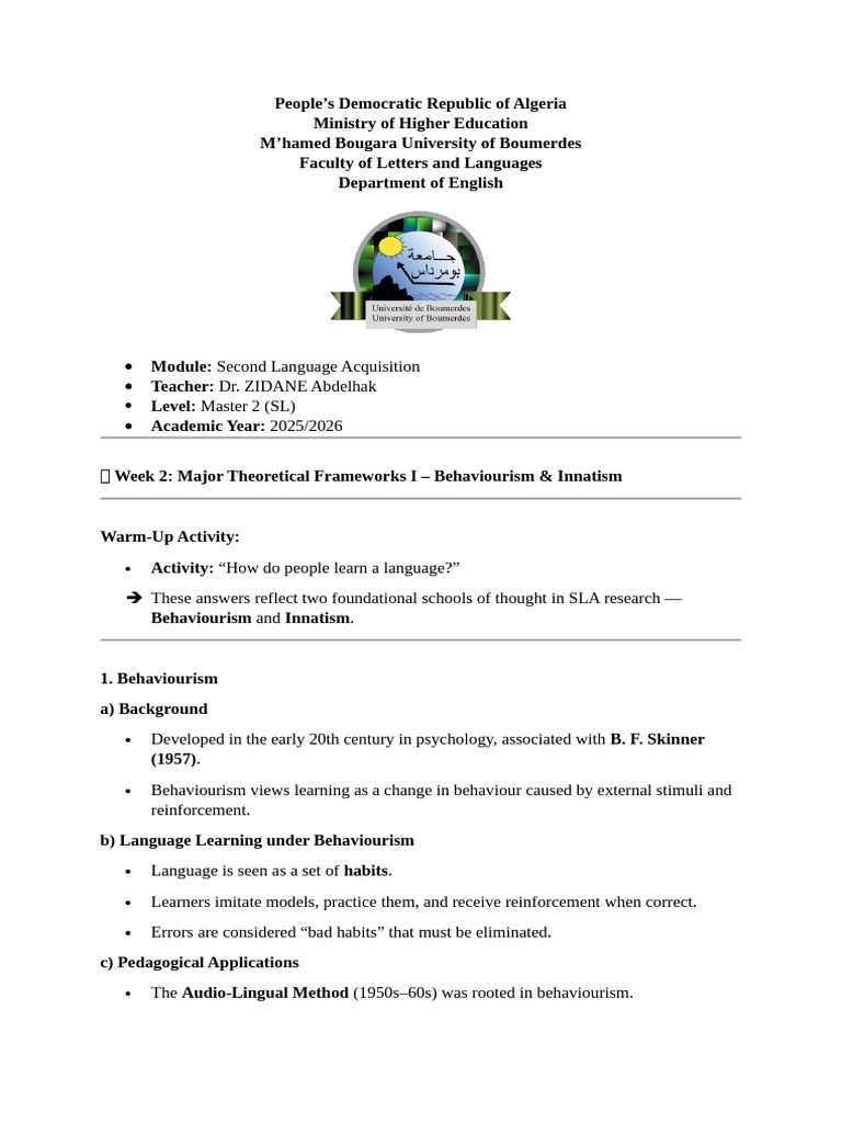 Week 2 Major Theoretical Frameworks I - Behaviourism & Innatism | PDF ...