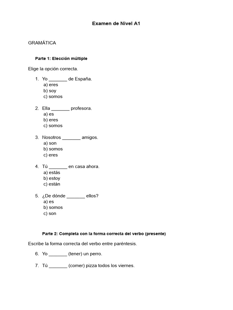 Examen de Español Nivel A1: Gramática y Vocabulario | PDF