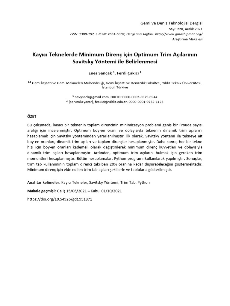 Determination of The Optimum Trim Angle of A Planing Hull For Minimum ...