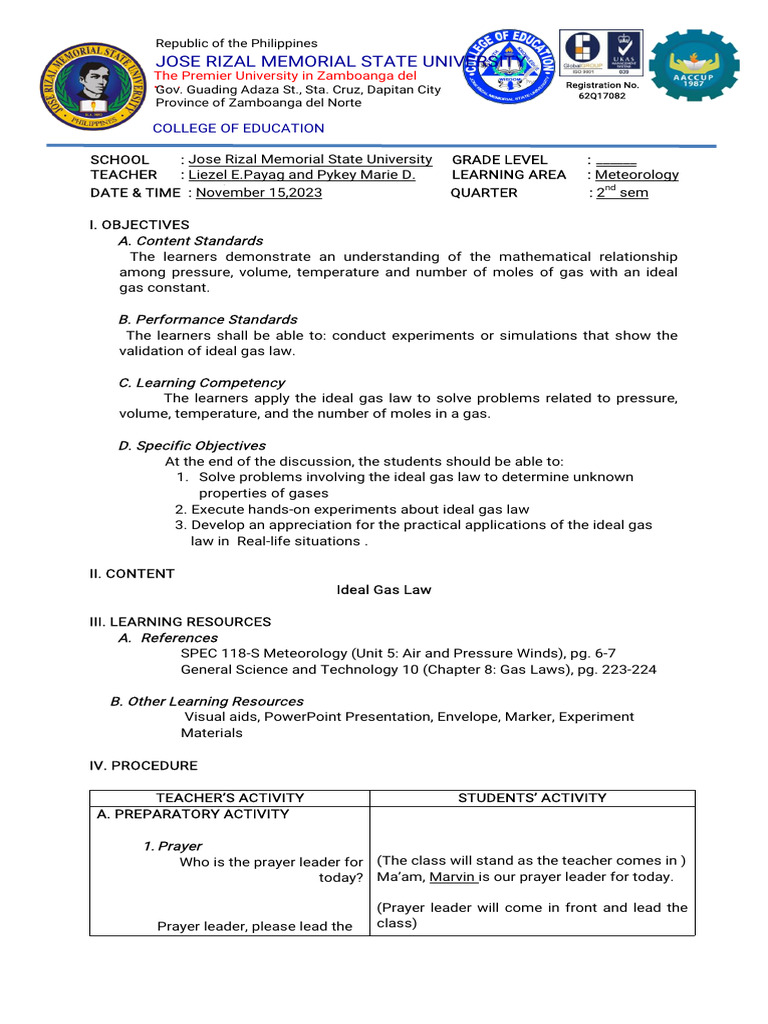 Final LP (Ideal Gas Law) Bernil and Payag | PDF | Chemistry | Applied ...