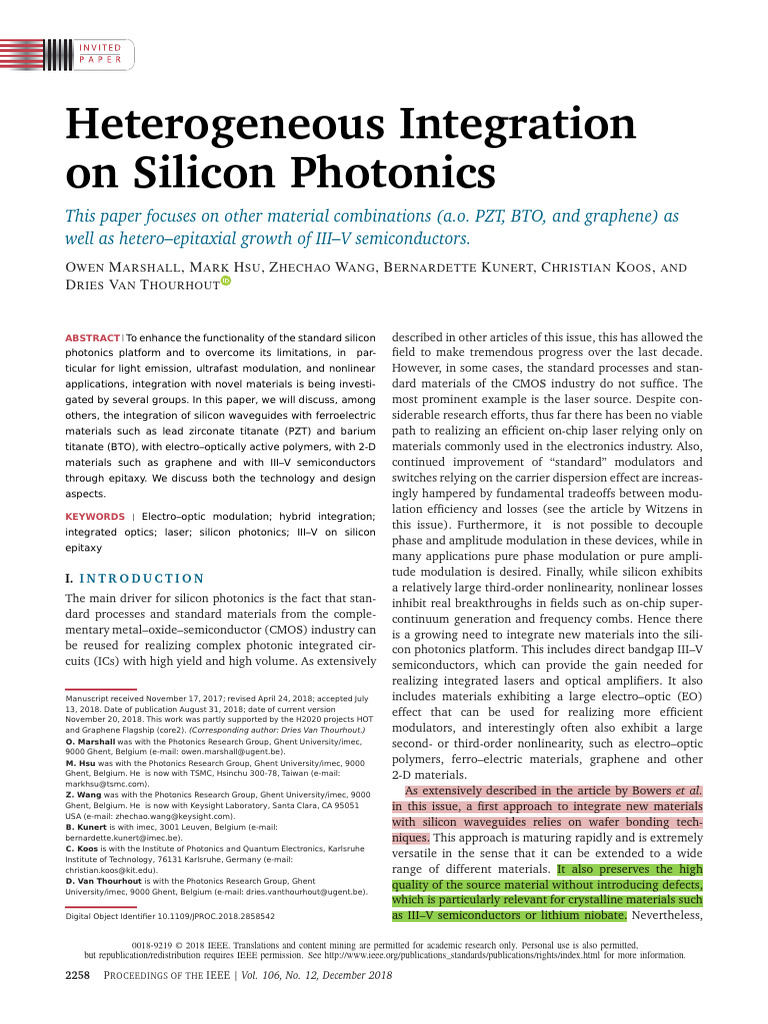 Heterogeneous Integration On Silicon Photonics | PDF | Graphene | Photonics