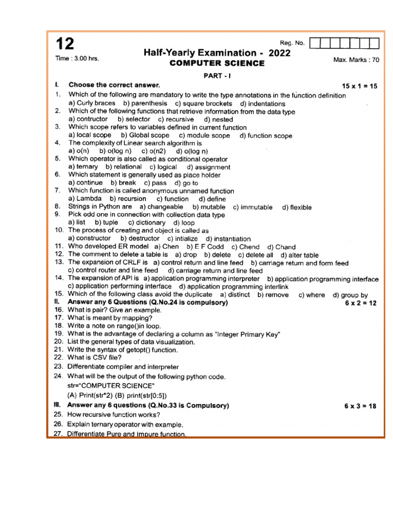 12th Computer Science EM Half Yearly Exam 2022 Original Question Paper ...