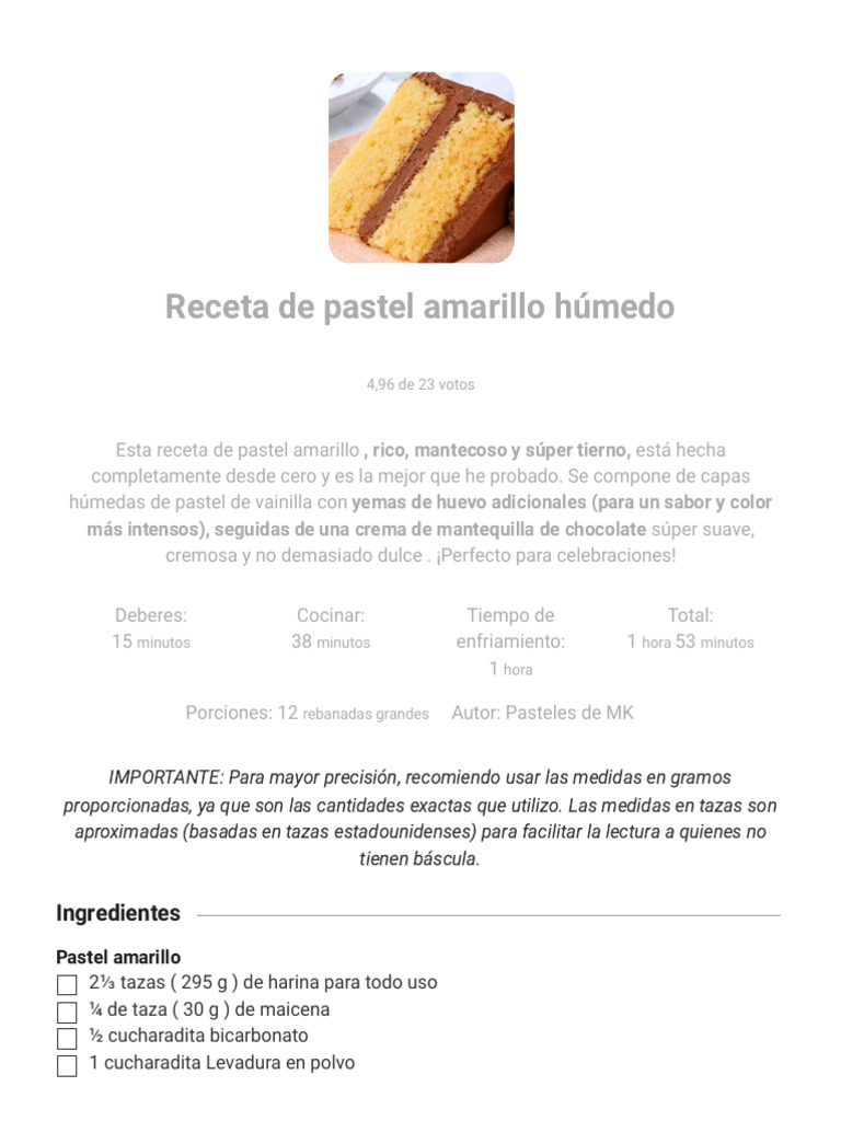 Receta de Pastel Amarillo Húmedo - Pasteles de MK | PDF | Pasteles ...
