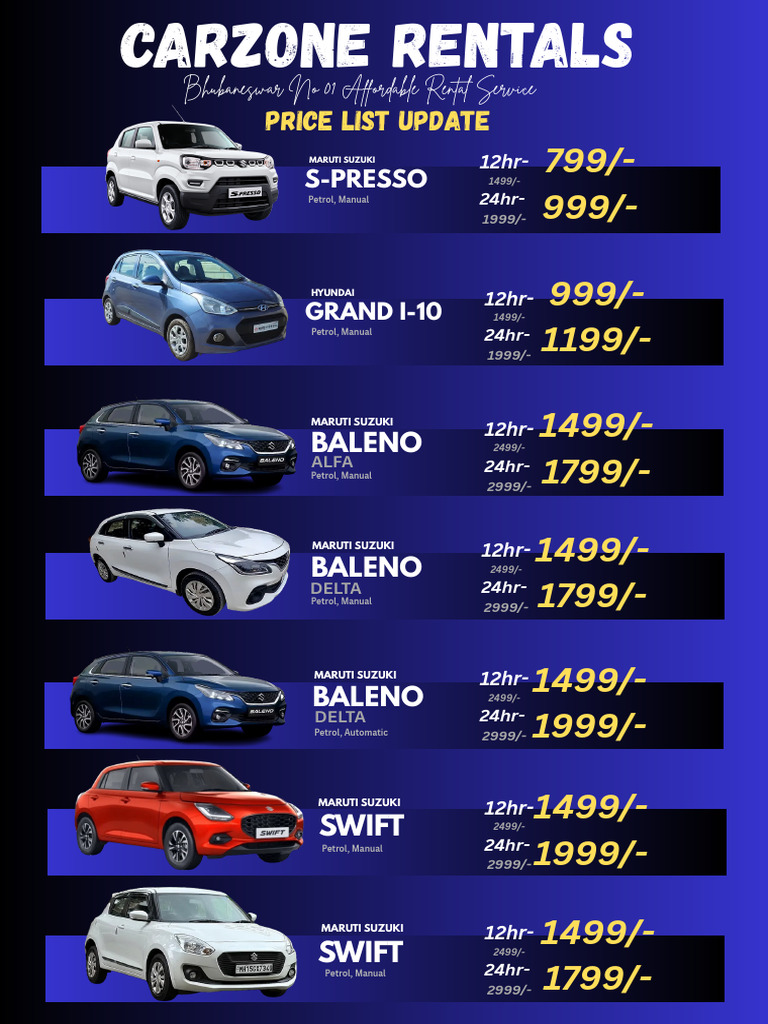 Bhubaneswar Car Rental Price List | PDF | Off Road Vehicles | Car ...