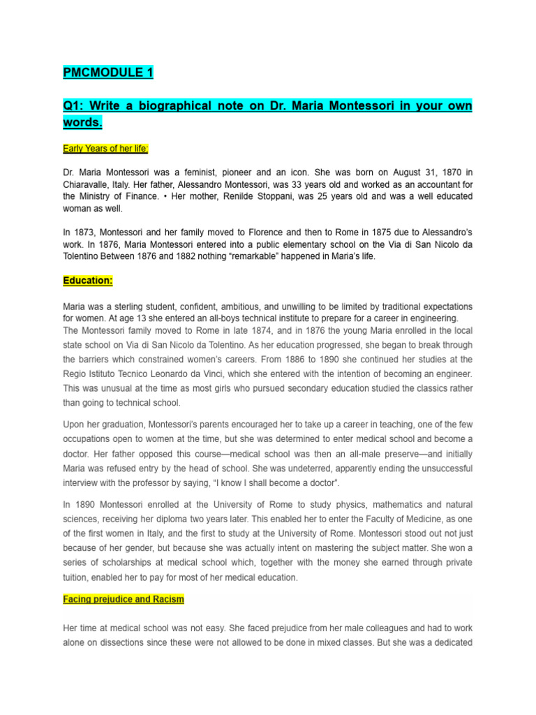 PMC Module 1 Assignment | PDF | Montessori Education | Psychiatric Hospital