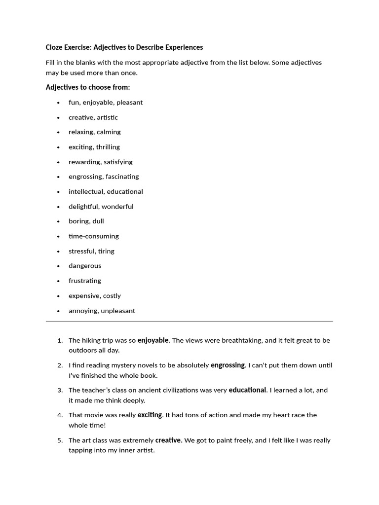 Adjective Cloze Exercise for Experiences | PDF