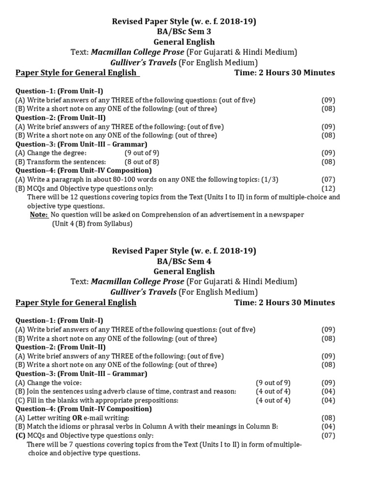 Re Revised Paper Style BABSc Sem 3 To 6 Gen English OLD | PDF ...