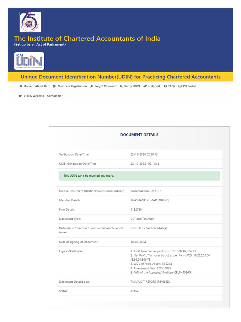 Tax Audit Report UDIN Verification | PDF