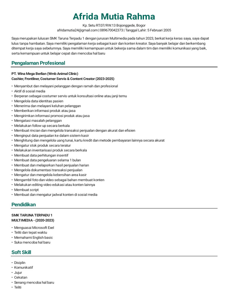 Afrida Mutia Rahma. Resume | PDF