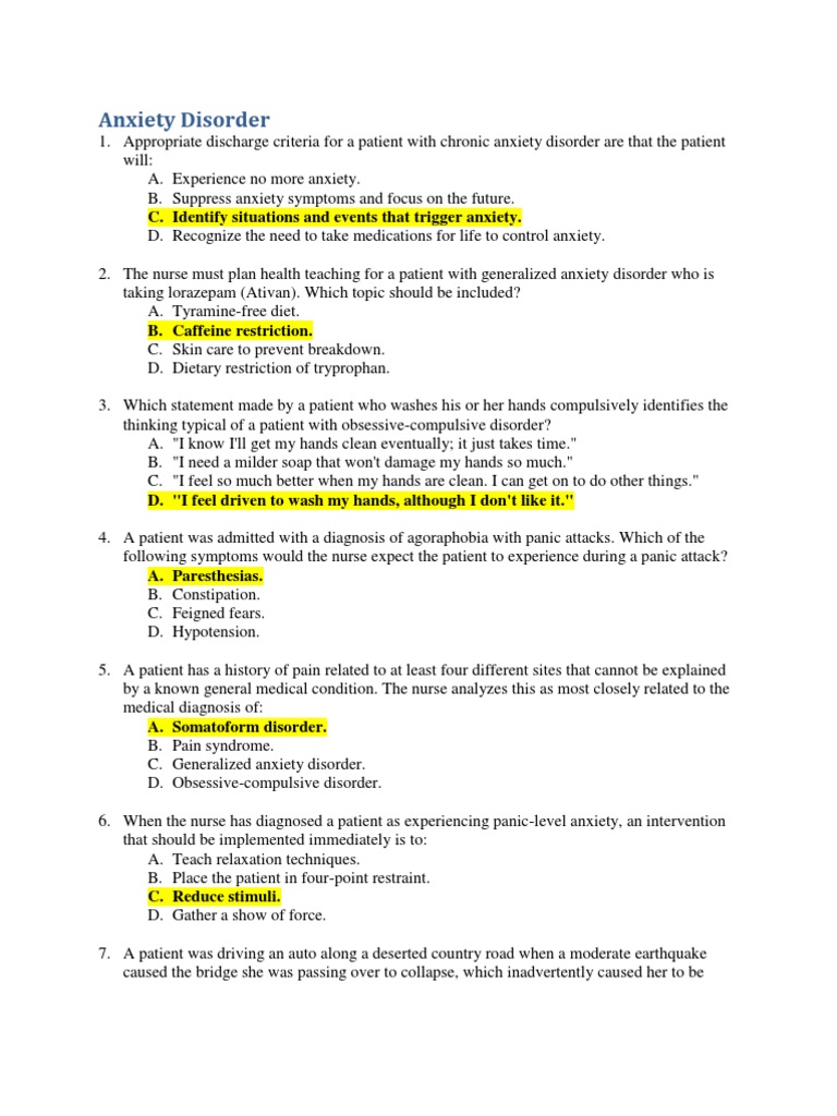 NCLEX Questions on Anxiety Disorders | PDF | Personality Disorder ...