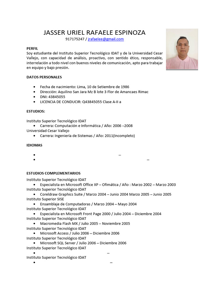 Cv-Jasser Uriel Rafaele Espinoza | PDF | Microsoft | Soporte técnico