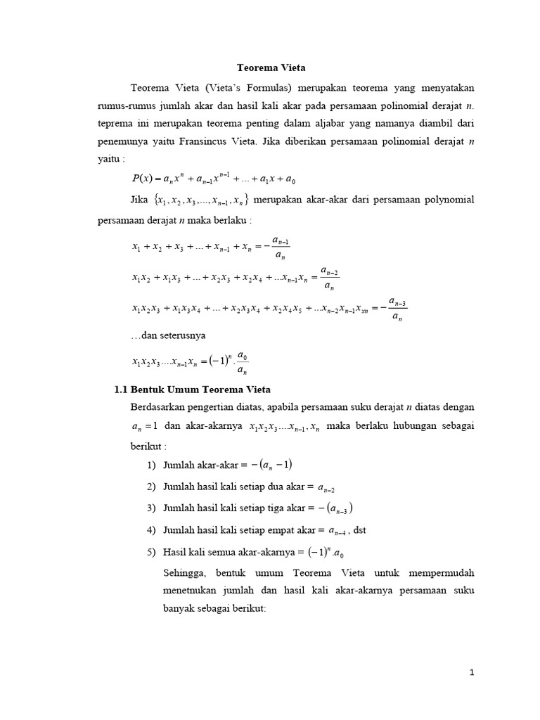 Teorema Vieta: Rumus Akar Polinomial | PDF