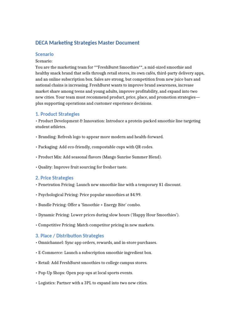 DECA Marketing Strategies Master Document | PDF | Pricing | Smoothie