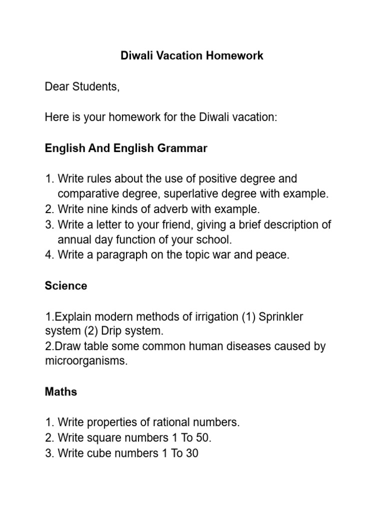 Diwali Homework for VIII | PDF