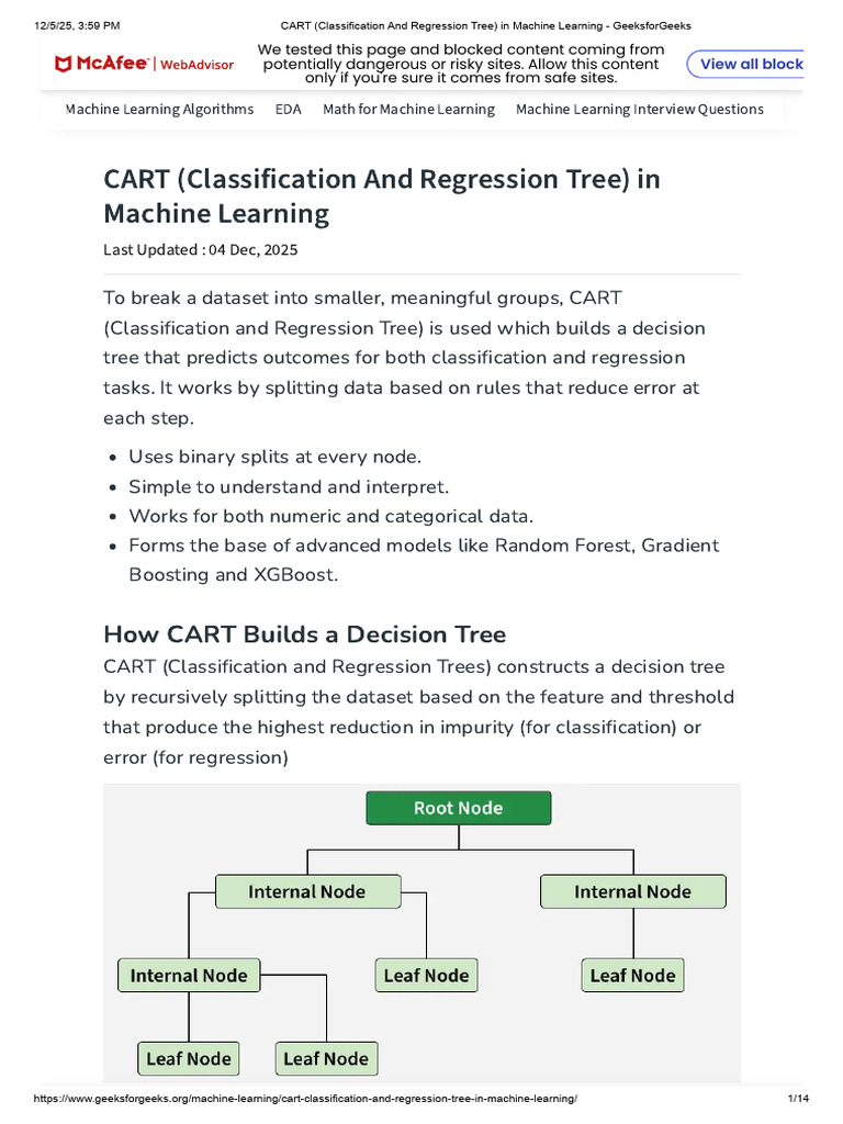 CART (Classification and Regression Tree) in Machine Learning - GeeksforGeeks | PDF | Errors And ...