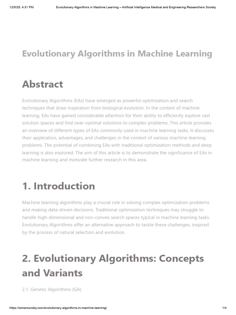 Evolutionary Algorithms in Machine Learning – Artificial Intelligence ...