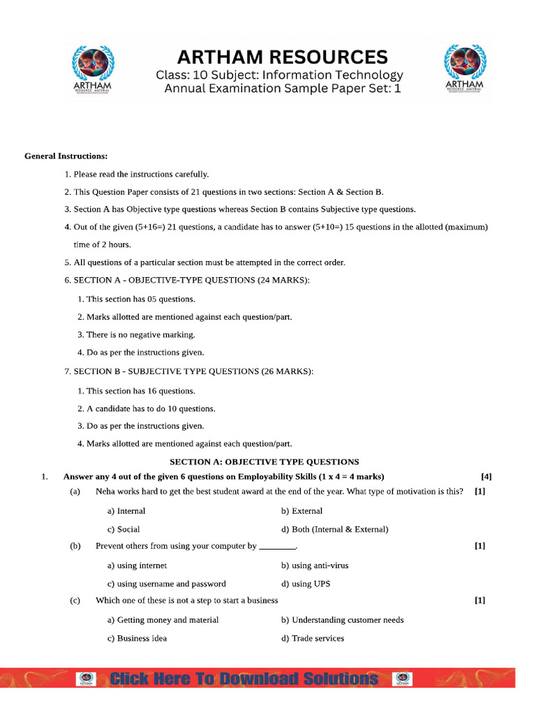 Class 10 It Sample Paper Set 1 | PDF
