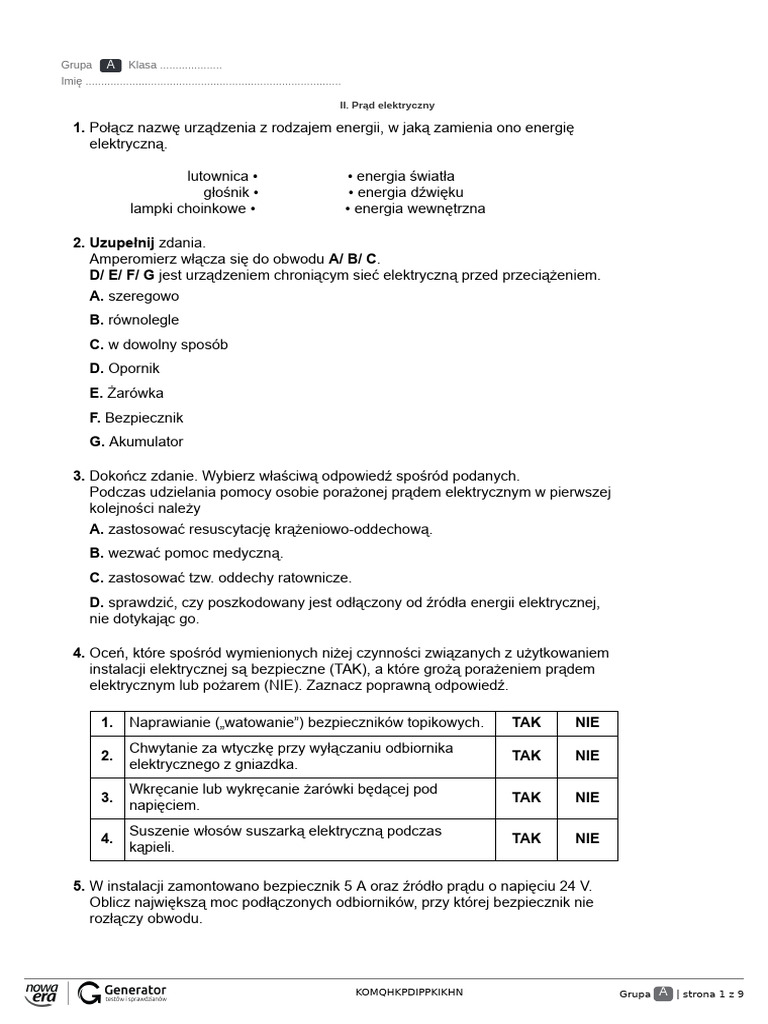 II. Prąd Elektryczny Test - SPE | PDF