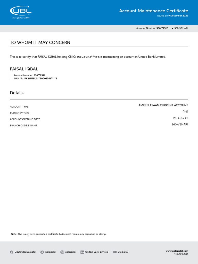 Account Maintenance Certificate - Faisal Iqbal | PDF