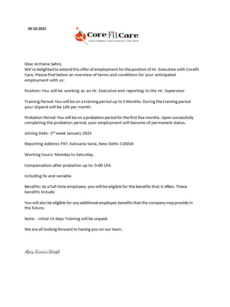 Job Offer: HR Executive at Corefit Care | PDF