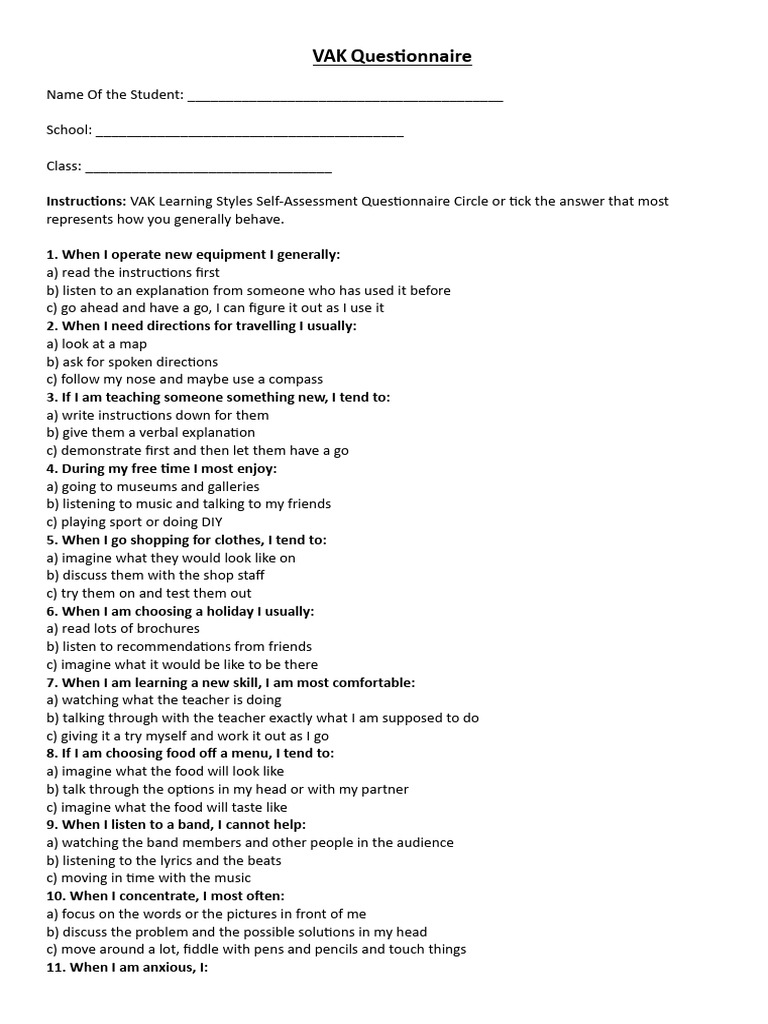 VAK Learning Styles Questionnaire | PDF