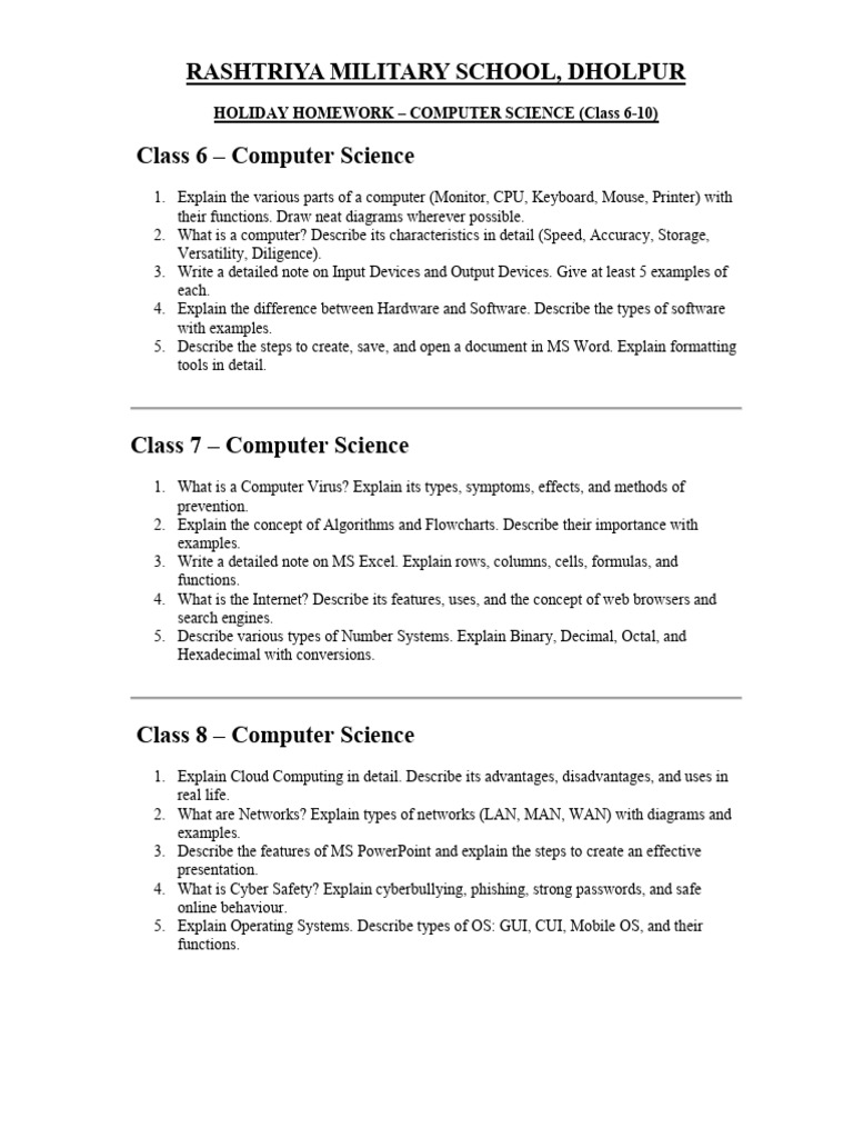 Holiday Homework Computer (6-10) | PDF | Microsoft Excel | Software